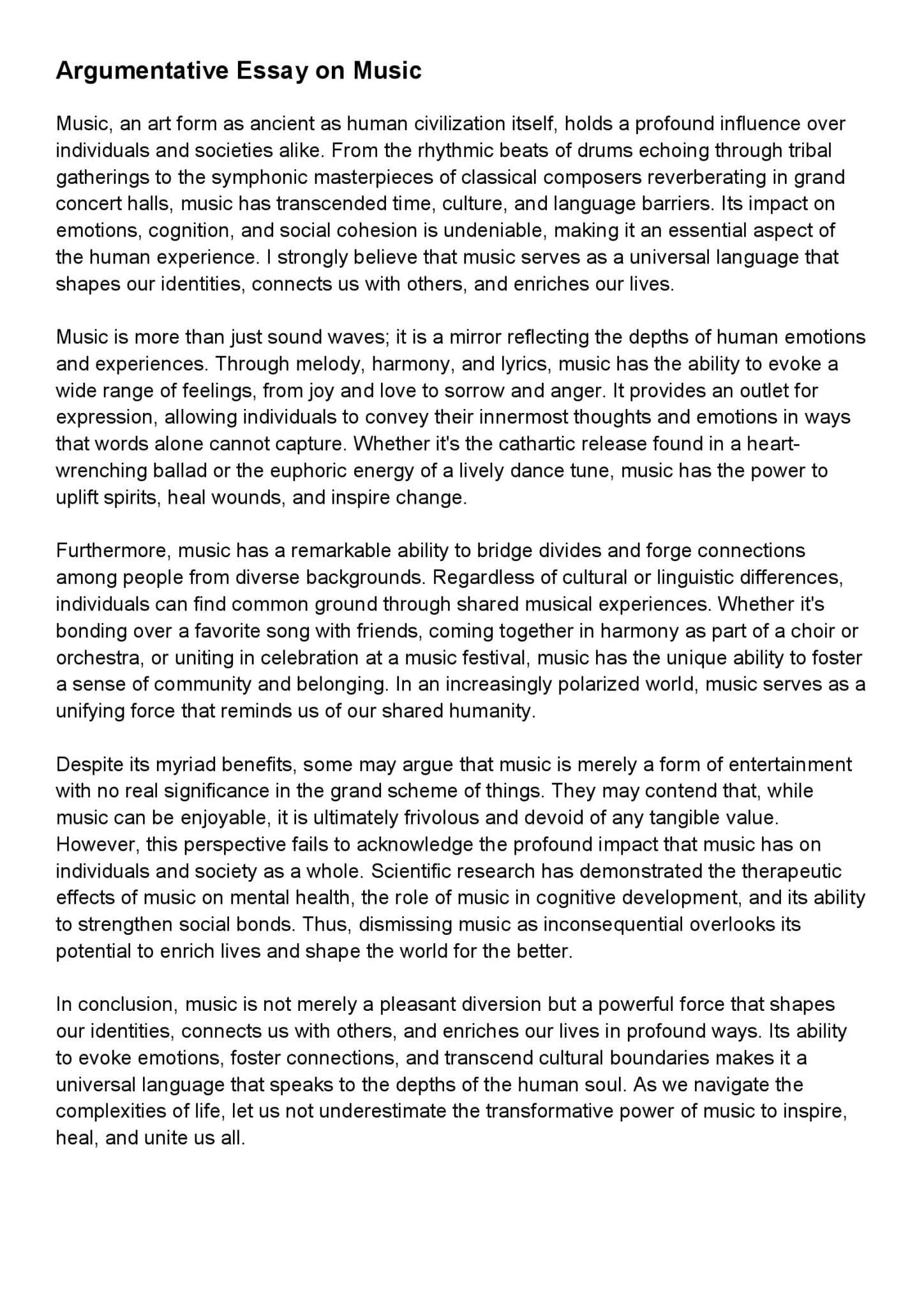 Argumentative Essay on Music - Englet