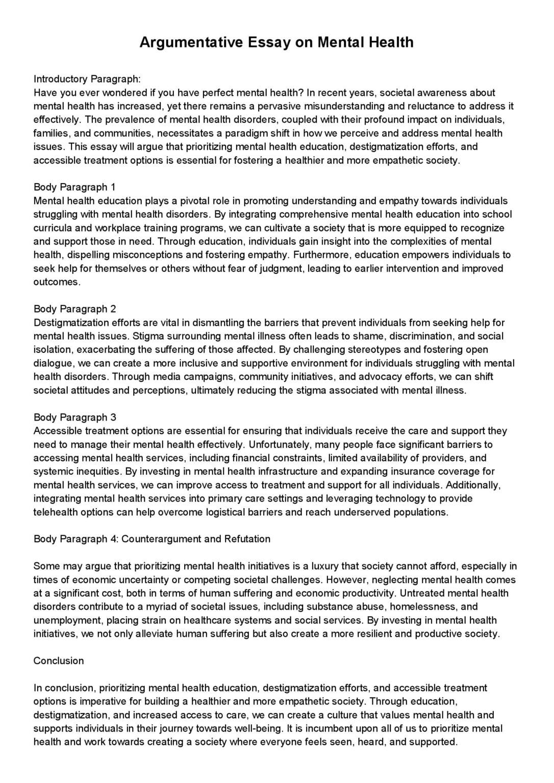 Argumentative Essay on Mental Health - Englet